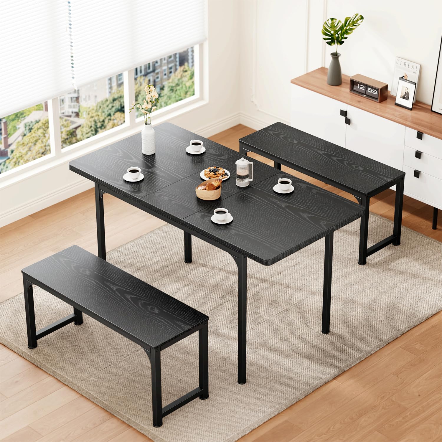 Gizoon Dining Table Set for 4 to 6, Extendable Kitchen Table Set with 2 Benches, Ideal for Small Spaces and Apartment Dining Gatherings, Black