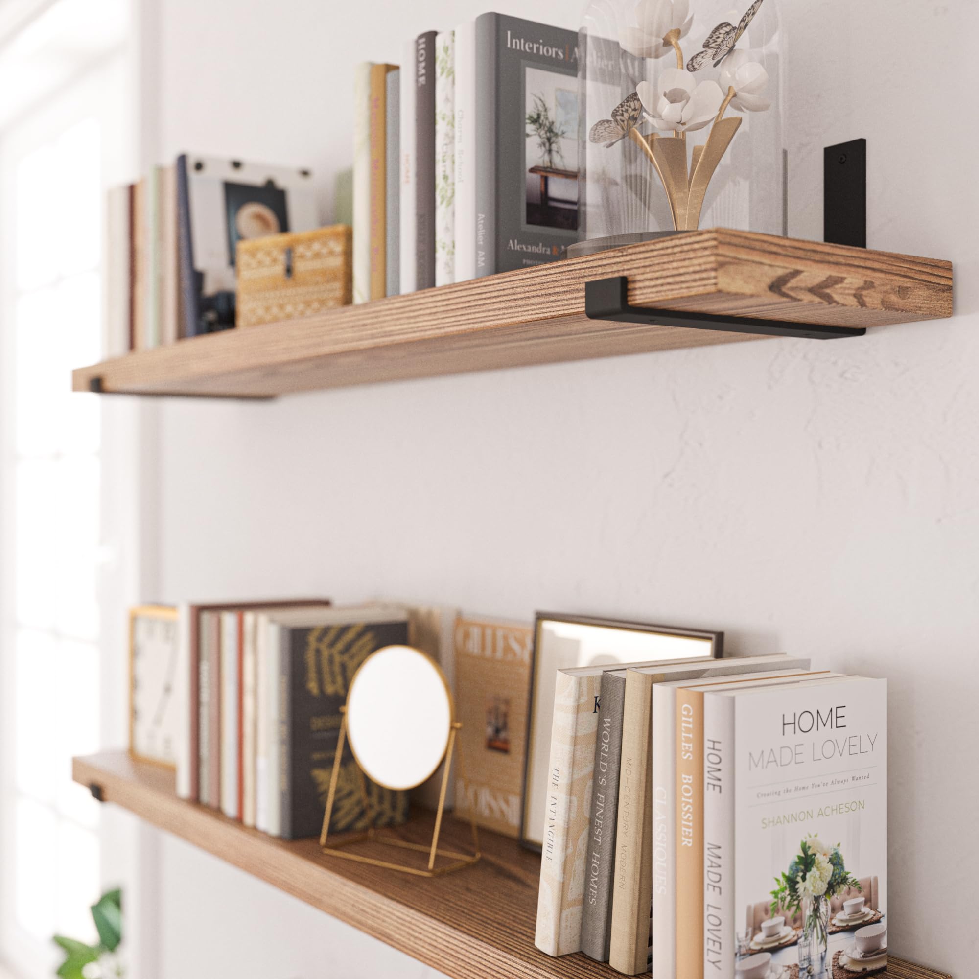 Wallniture Forte 48"x9.25" Floating Shelves for Wall Storage, Wall Bookshelf Living Room, Kitchen Floating Shelf, Wall Shelves for Bedroom, Home Office, Burnt, Wood