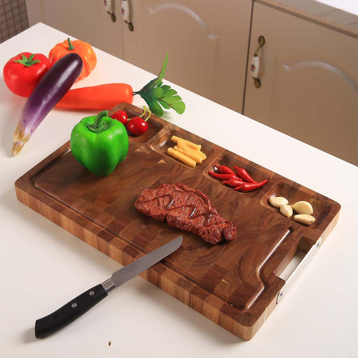 HHXRISE Acacia Wood Cutting Board for Kitchen, with 4 Built-in Compartments and Juice Grooves, Chopping Board with Handle, Butcher Block, Carving Board