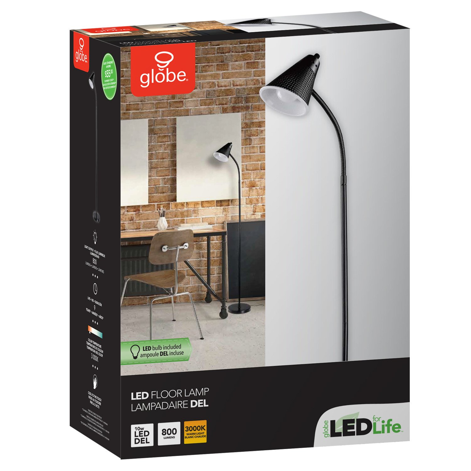 Globe Electric 12708 59" 1-Light LED Floor Lamp, Black, Matte Finish, Plastic Mesh Shade, LED Bulb Included, Floor Lamp for Living Room, Floor Lamp for Bedroom, Home Office Accessories