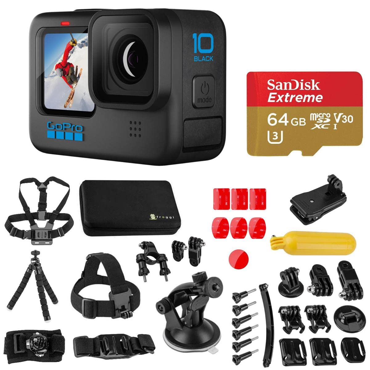 GoPro HERO10 Black, Waterproof Action Camera, 5.3K60/4K Video, 1080p Live Streaming Bundle with Froggi Extreme Sport 40-PC Accessory Kit, 64GB microSD Card