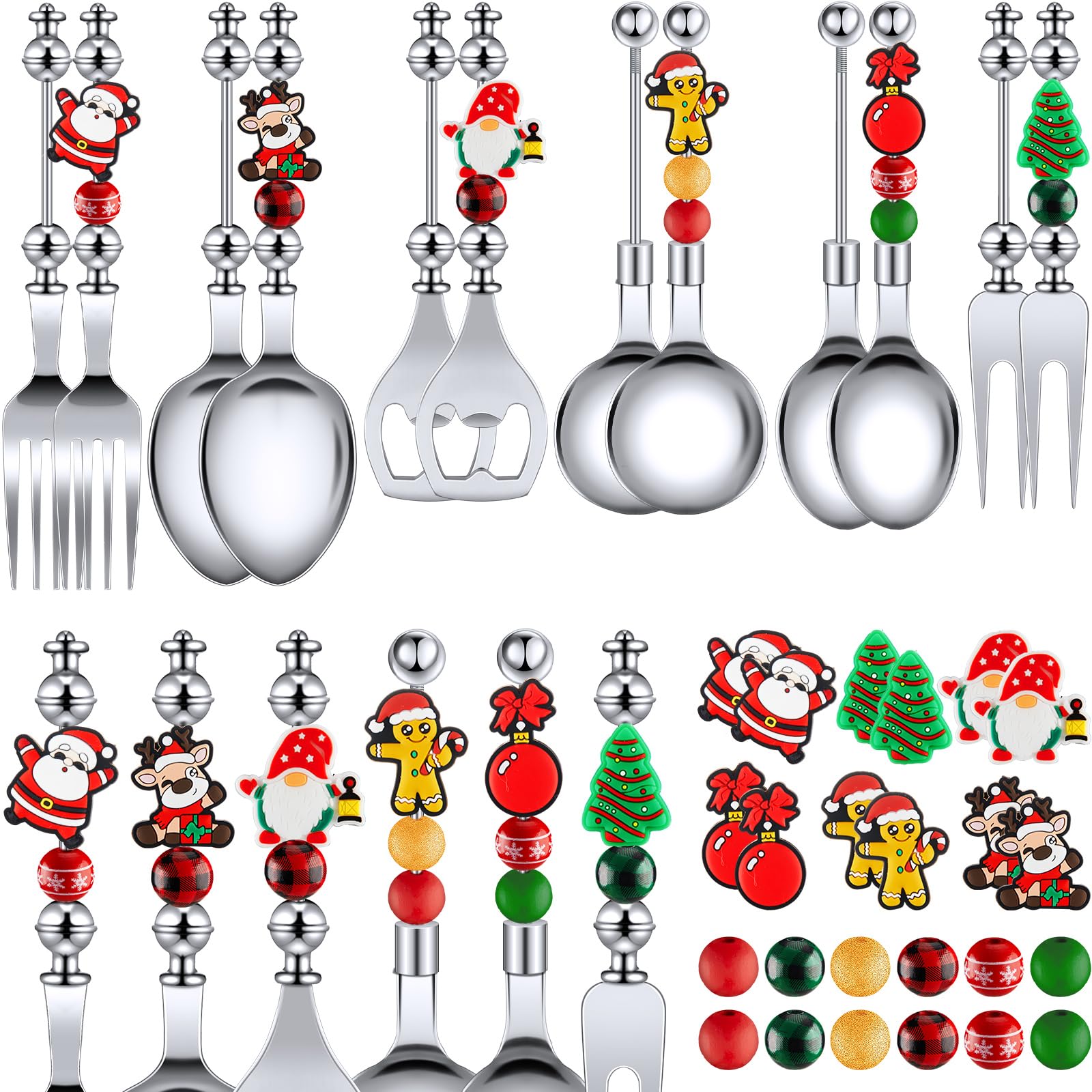 Gisafai 12 Sets Christmas Beadable Spoon Fork Set Beadable Items Christmas Kitchen Utensils Xmas Cutlery Bead Dessert Spoon for Christmas Party Favor Supplies