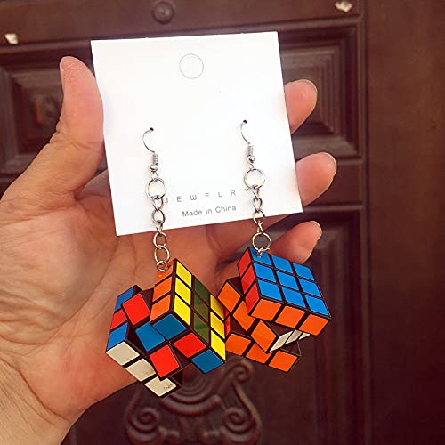 Handmade Creative Cute Real Magic Cube Dangle Earrings Personality Puzzle Cube Play Cartoon Funny Earrrings for Women Girls Punk Jewelry-A ear hook