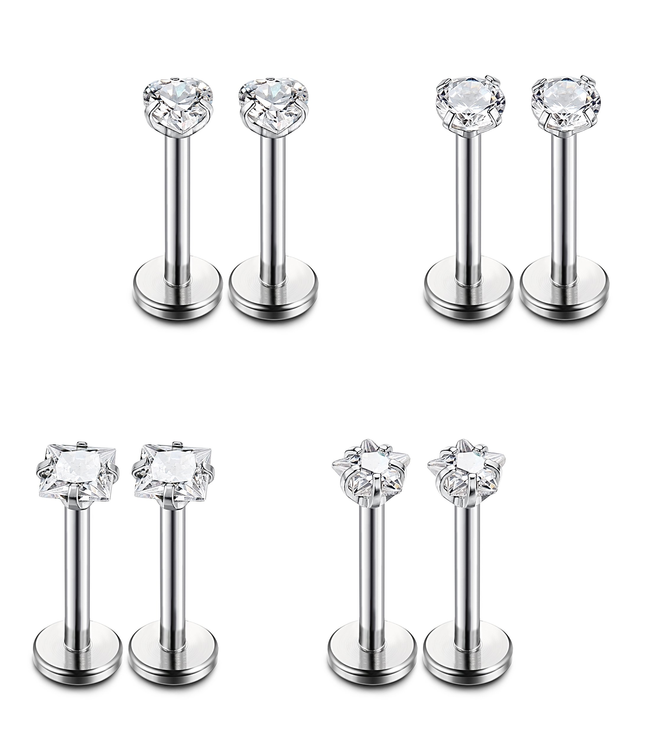 FUNRUN JEWELRY 4 Pairs 16G Stainless Steel Monroe Lip Rings Nose Studs Body Jewelry Piercing 3mm CZ 6mm