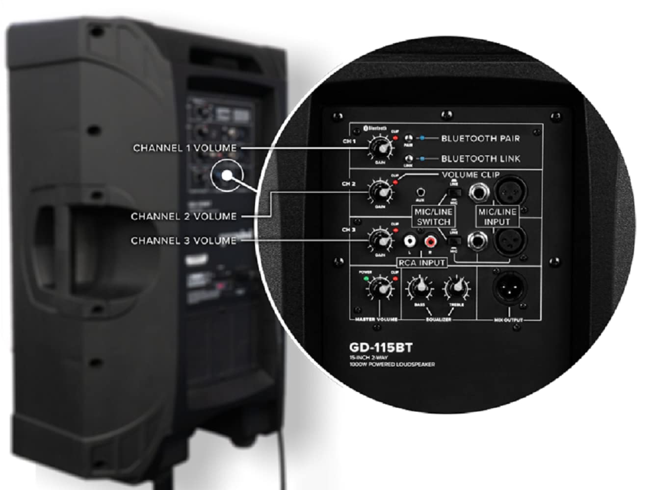 Gemini Sound GD-115BT 1000W Professional PA Loudspeaker with Bluetooth and Built-in 3 Channel Mixer