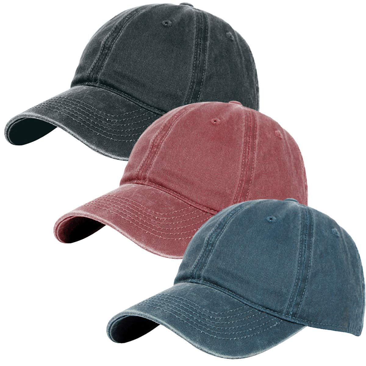 Glamorstar Classic Unisex Baseball Cap Adjustable Washed Dyed Cotton Ball Hat (One Size, Red Wine+Black+Navy)
