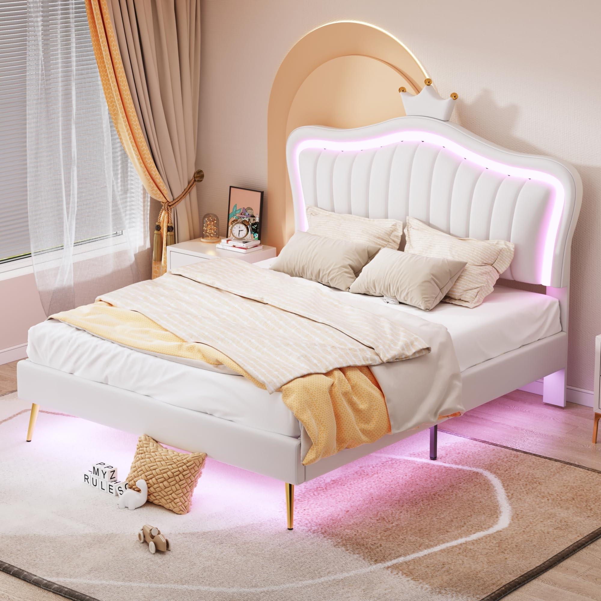 P PURLOVE Cute Princess Bed with LED Lights for Kids,Queen Size Platform Bed with Crown Headboard,Platform Bed Frame with Wood Slats for Girls,Kids,Teens