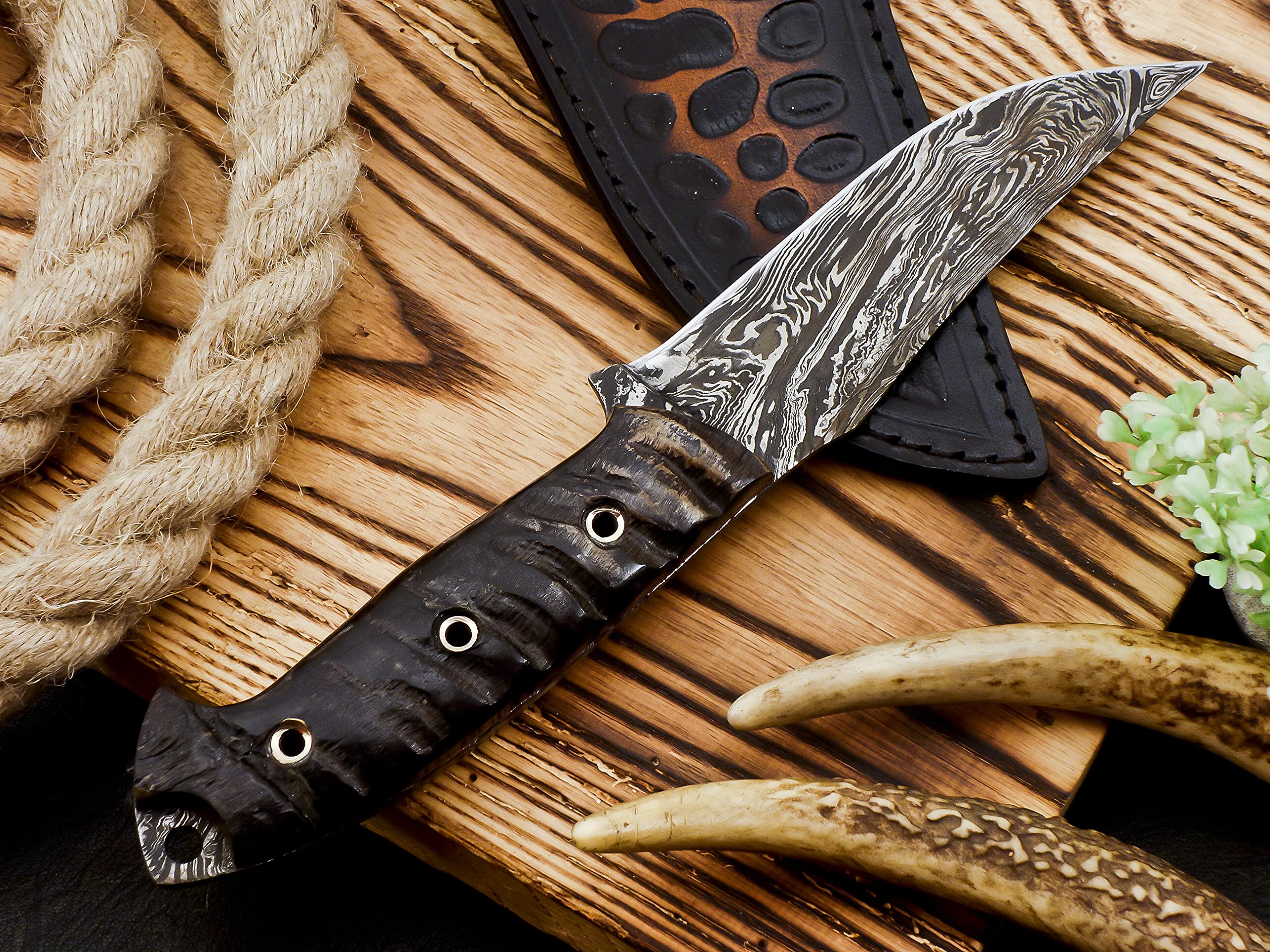 Handmade Damascus Hunting Knife with Sheath for Belt – 10 inches Fixed Blade full tang 1095 steel knife with Sheep Horn Handle