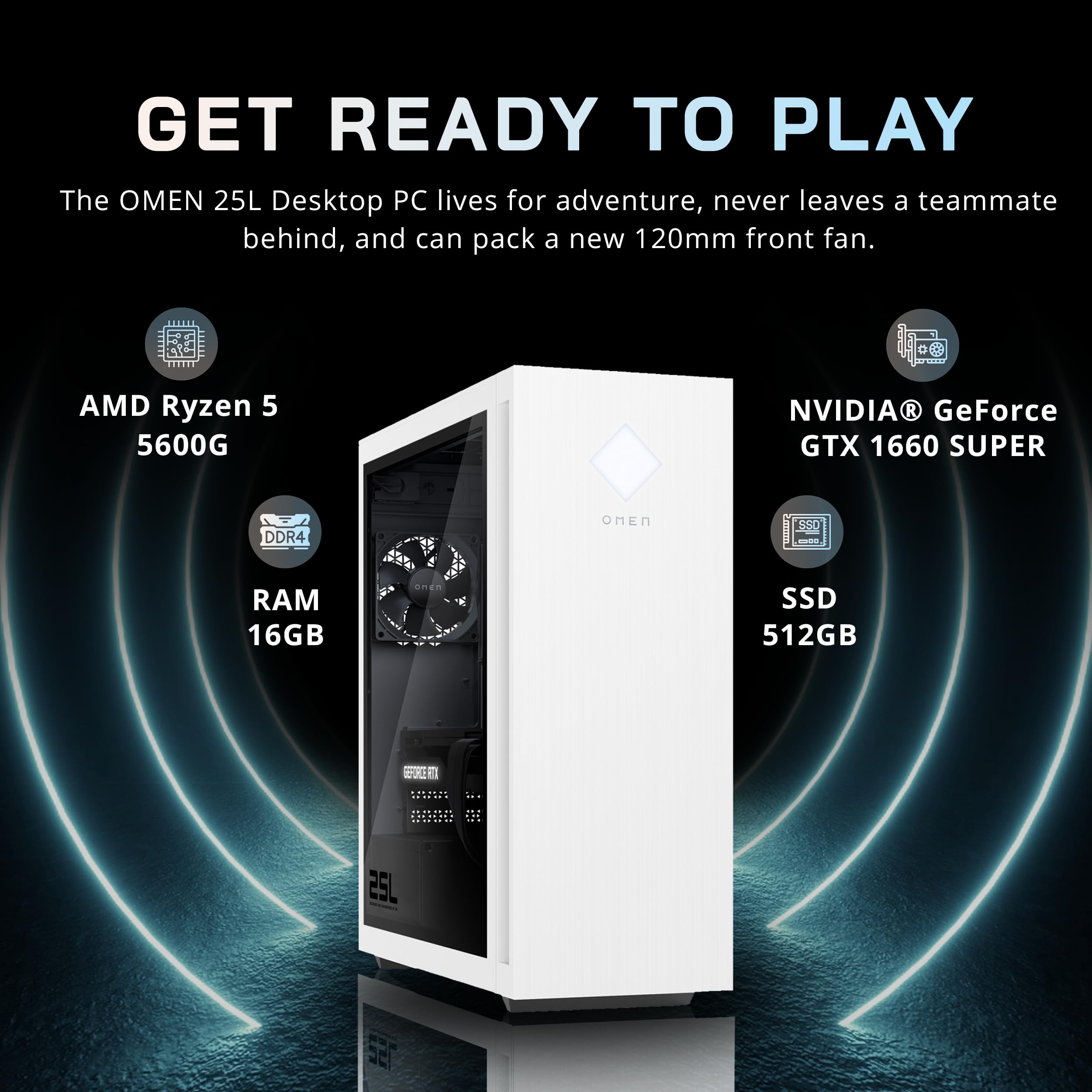 HP OMEN 25L Gaming Desktop, AMD Ryzen 5 5600G, 16GB DDR4 RAM, 512GB PCIe SSD + 1TB HDD, NVIDIA GeForce GTX 1660 Super 6G GDDR6, Win 11 Pro, White, 32GB Hotface USB Card