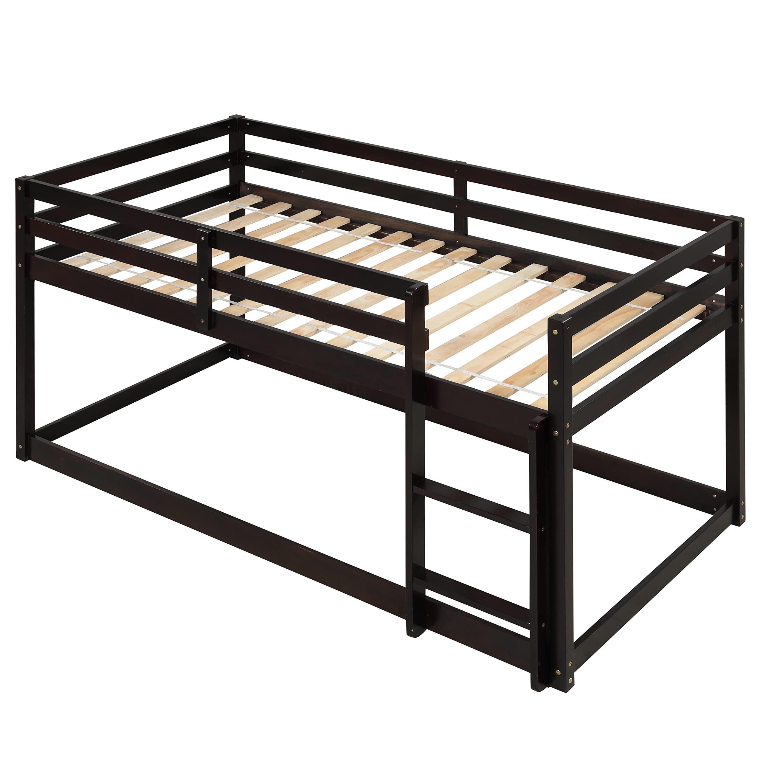 GJHOME Low Bunk Beds Twin Over Twin Floor Bunk Bed Frame Junior Loft Bed for Kids Boys Girls Teens, Espresso