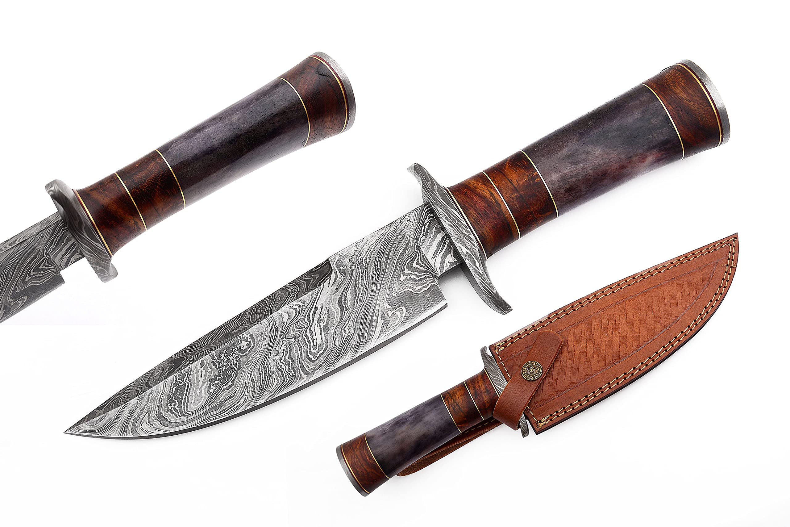 HANDCRAFT GOODS Handmade Hunting Fixed Blade Bowie Knife with Leather Sheath Damascus Steel For Outdoor Knifes- CROWN
