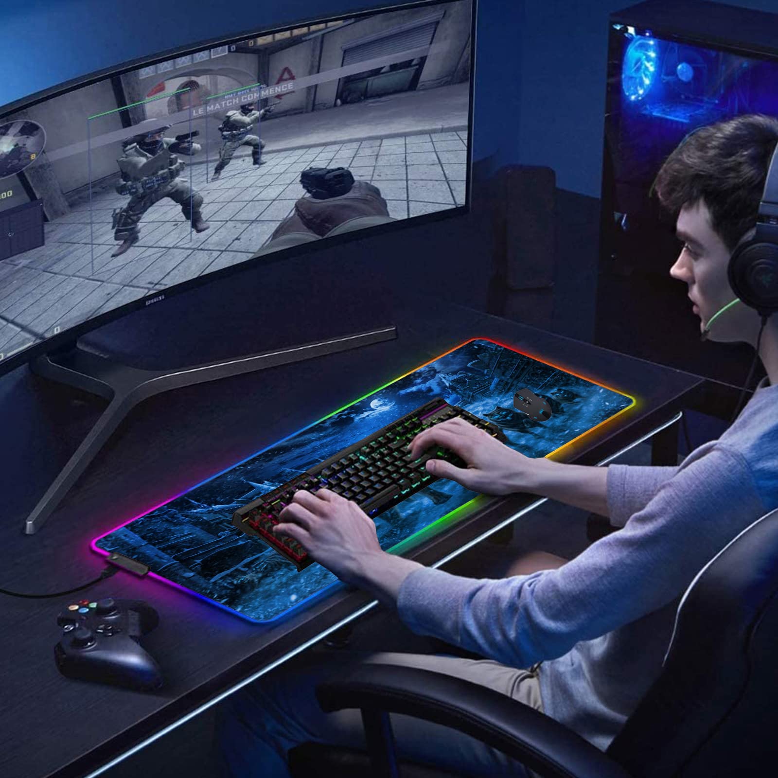 Mouse Pads Wolf Pack Animal LED Light Mousepad RGB Mouse Pad Keyboard Gaming Large Desk Mat Computer Accessories for Gamer PC 23.6 X11.8 Inch