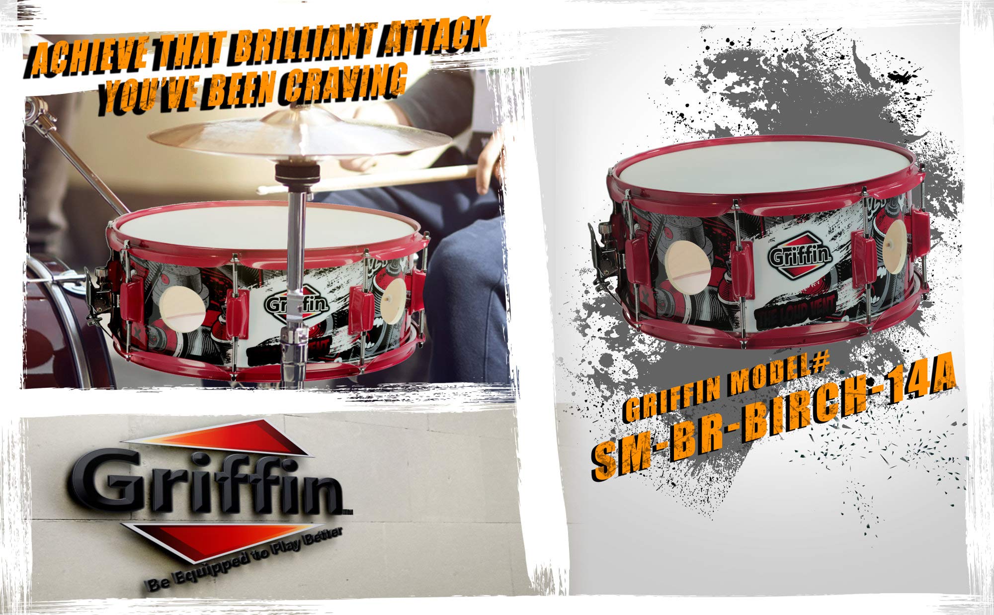 GRIFFIN Snare Drum Birch Wood Shell 14 X 6.5 Inch | Oversize 2.5" Large Vents & Custom Graphic Wrap (Limited Edition) | Red Hardware & Marching Drummers Key for Students & Pros | 8 Metal Tuning Lugs
