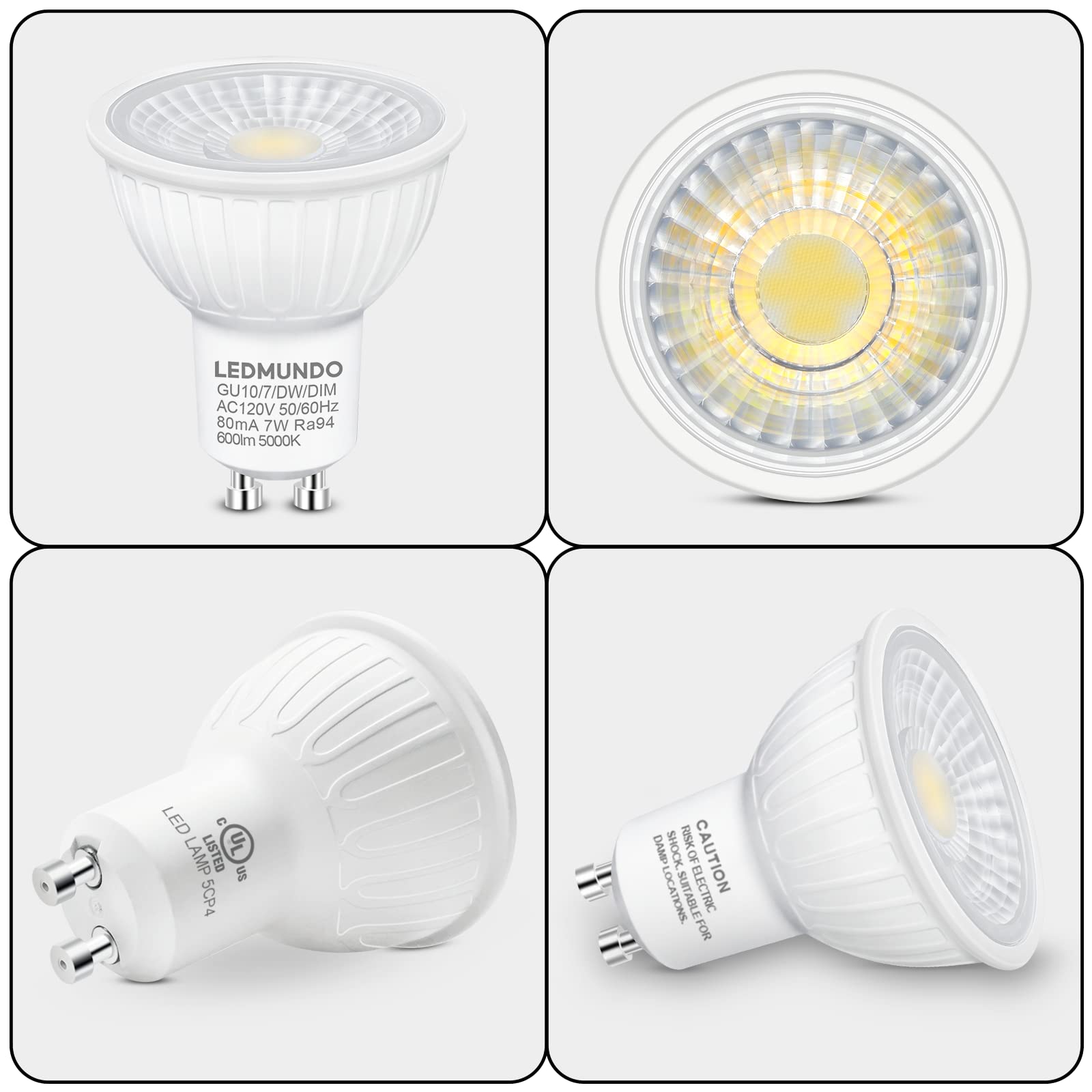 GU10 LED Bulbs Daylight - 7W - 90+CRI - Dimmable - 600LM - 75W Halogen Equivalent - 5000K - GU10 Recessed Lighting Bulb - Track Lighting Bulb - Spotlight Bulb - UL Listed - Pack of 12