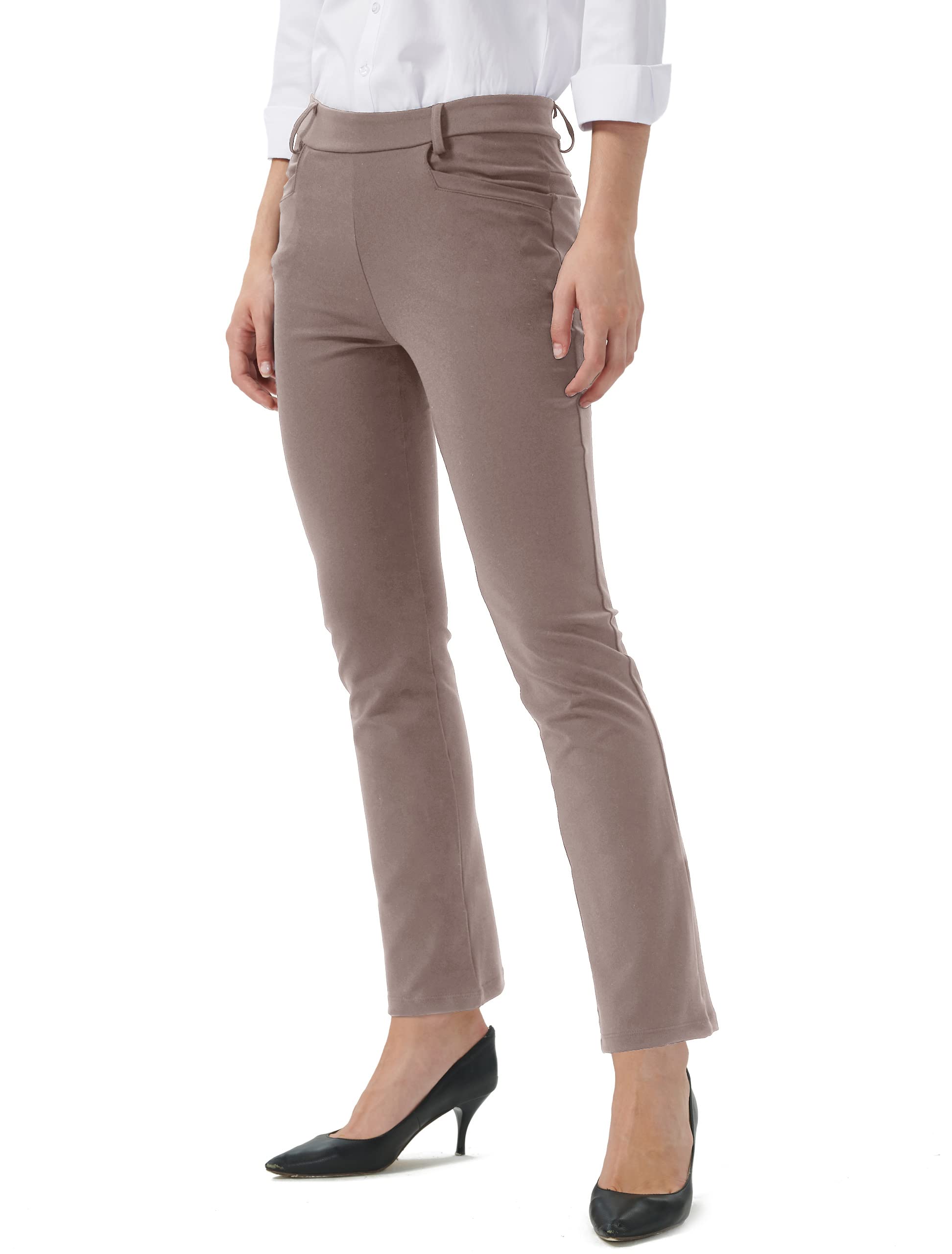 Keolorn Dress Pants Bootcut Yoga Pants for Women with Pockets High Waisted Workout Pants for Women Pull on Stretch Trousers(Light Brown,L)