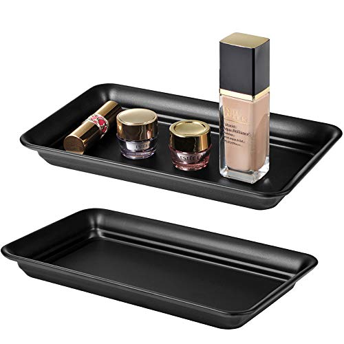 Vintage Farmhouse Decor Metal Vanity Tray(2 Pack),Countertop Guest Hand Towel Storage Organizer Tray Dispenser, Sturdy Holder for Perfume,Cosmetics, Jewelry, Makeup Bathroom Organizer (Black)