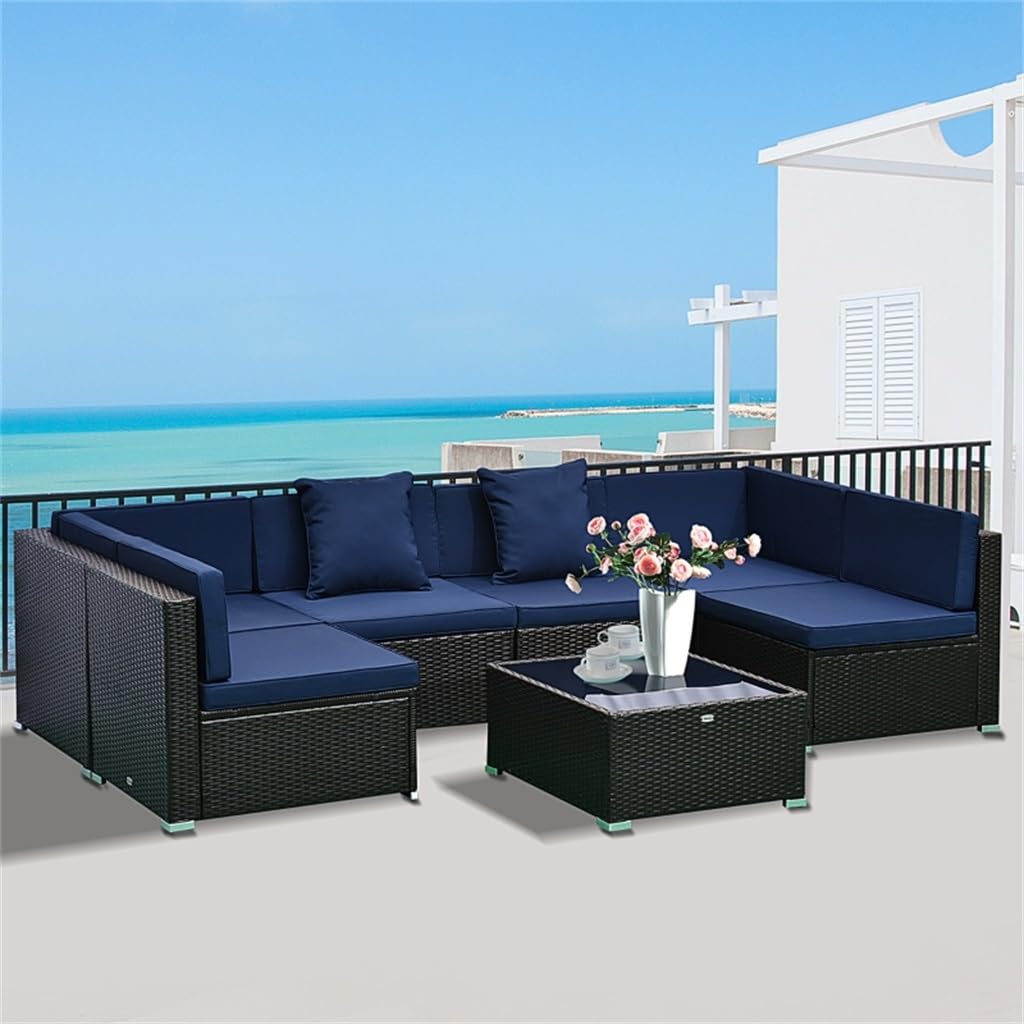 Generic 7-Piece Outdoor Patio Furniture Set with Rattan Wicker for Outdoor Use - Dark Coffee/Blue
