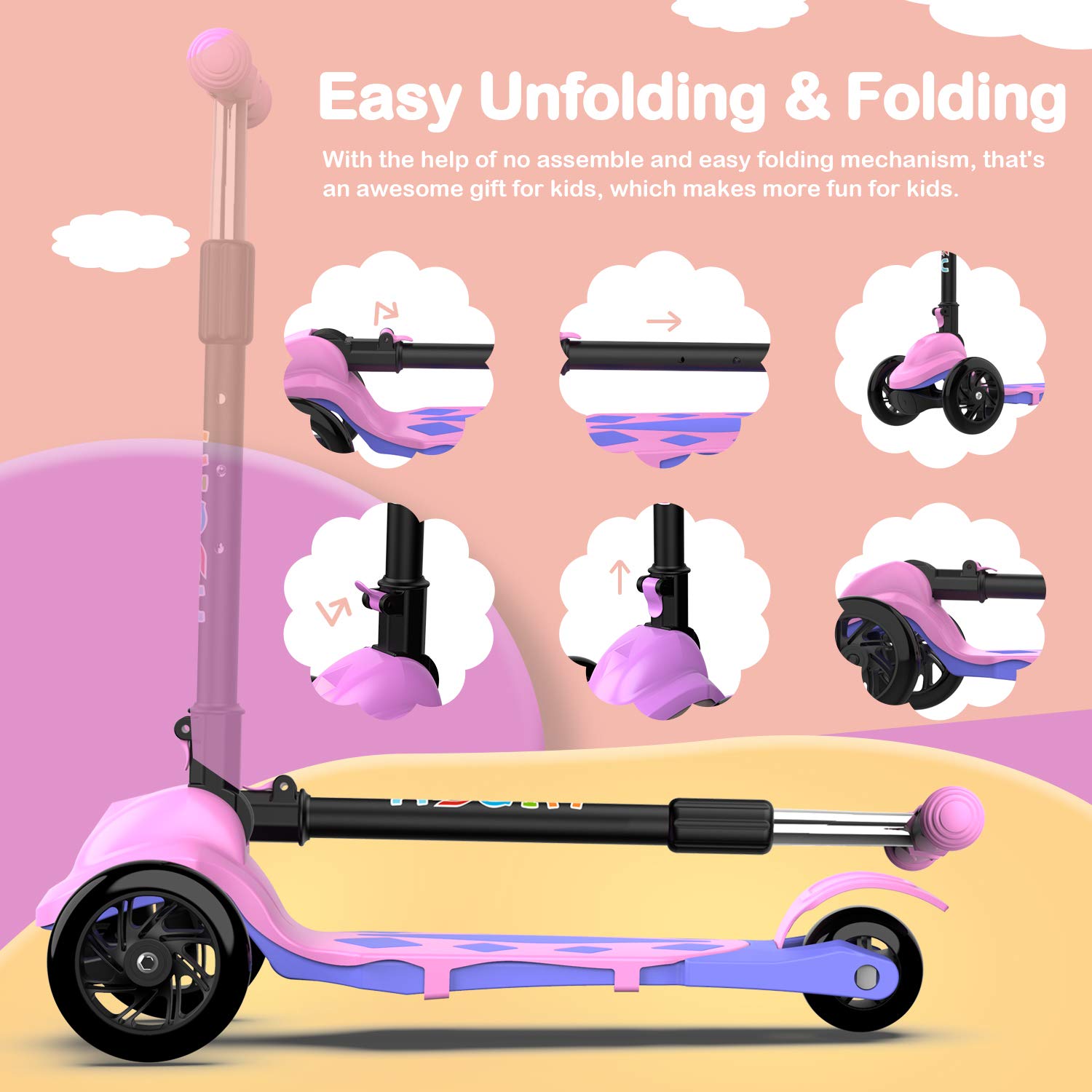 Hiboy Q1 Scooter for Kids - 4 Adjustable Heights, 3 Wheels with 2 LED Light-Up Front Wheels, Foldable Toddler Scooter for Boys and Girls from 2-6 Years Old