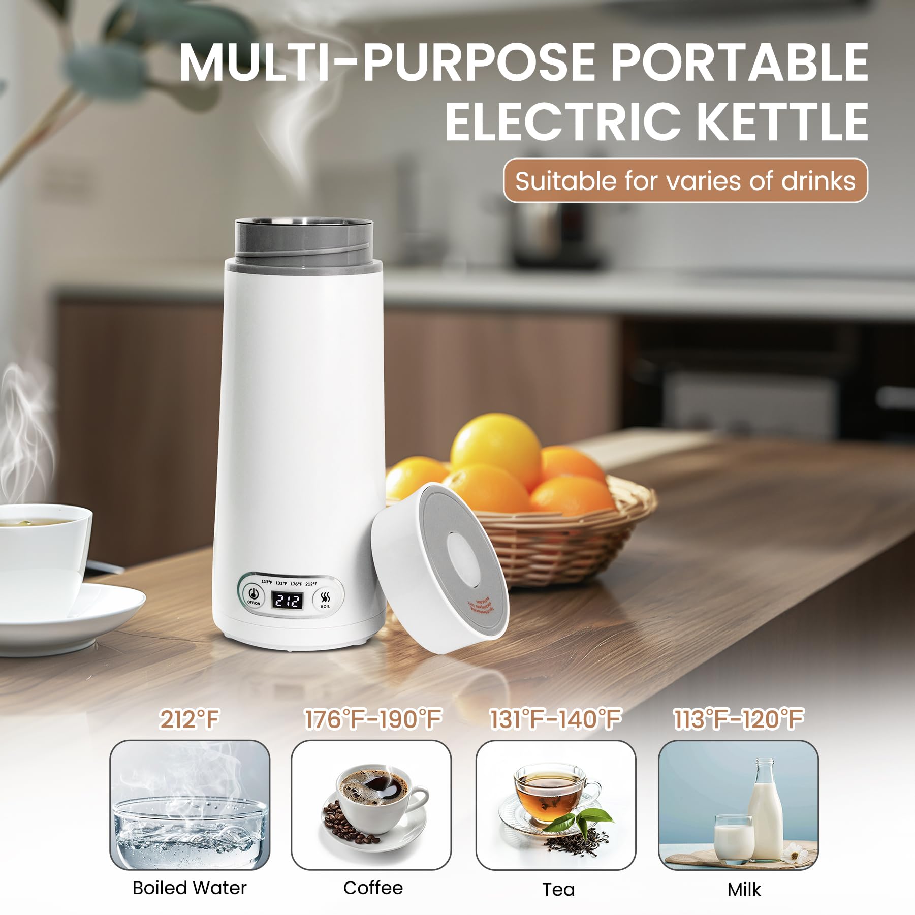 Travel Electric Tea Kettle Portable Small Mini Coffee Kettle, HELlME Water Boiler with 4 Variable Presets, Personal 304 Stainless Steel Water Heater with Auto Shut-Off & Boil Dry Protection