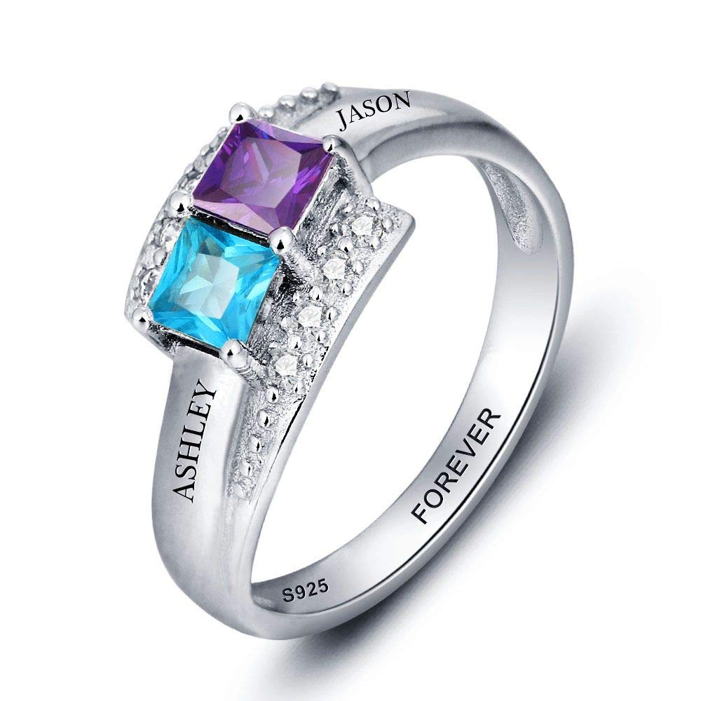GLAMCARAT Sterling Silver Personalized mother ring with 2 birthstones promise ring name engraved jewelry for women (sterling-silver, 8)