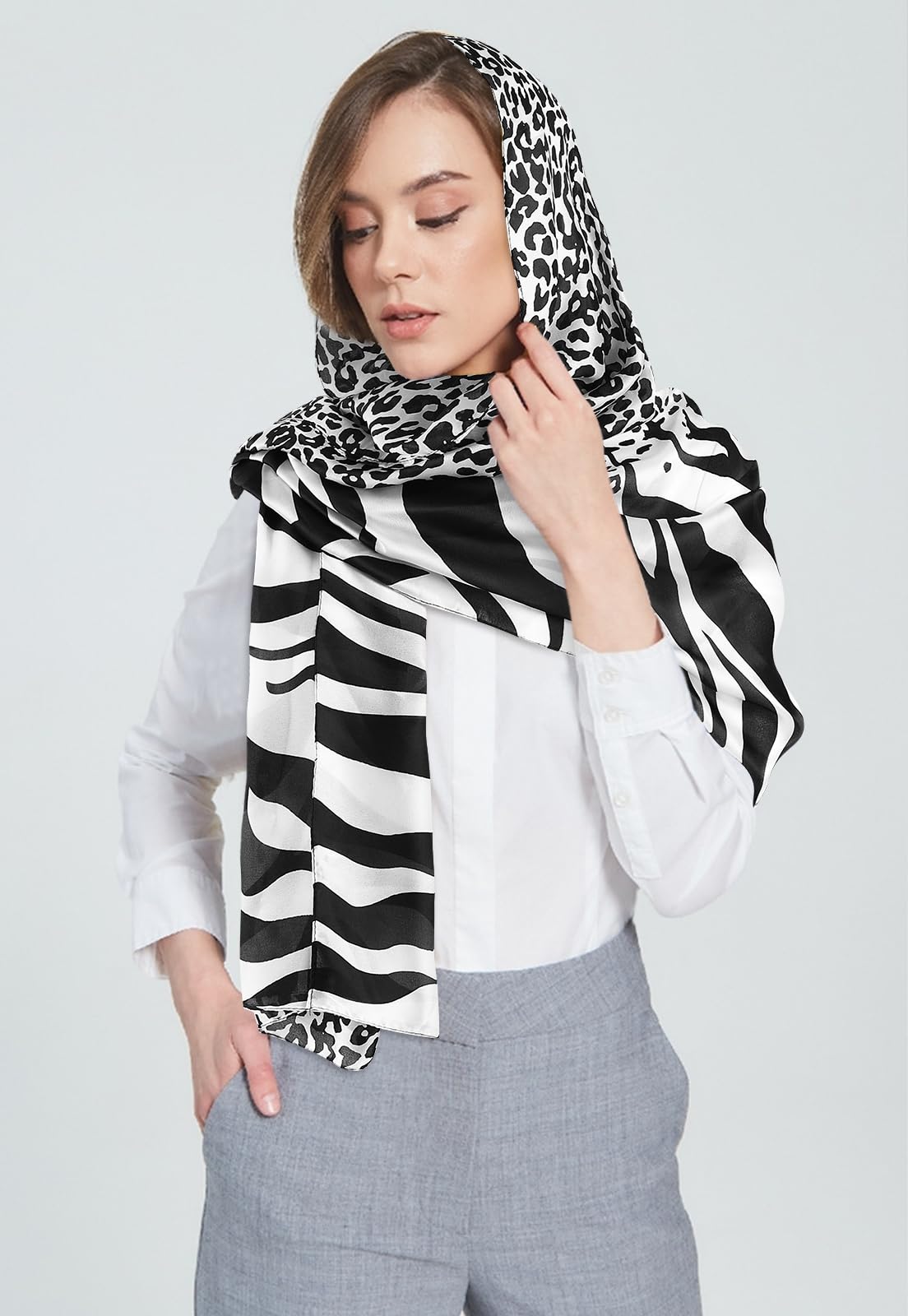 GERINLY Animal Print Shawl Wraps Zebra & Leopard Pattern Silky Scarf for Women Fashion Print Accessory (Black)