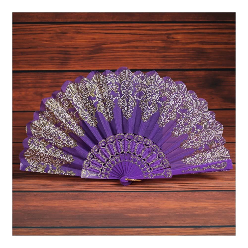 Handmade Folding Fan Chinese Vintage Bamboo Folding Fan Hand Held Flower Print Fan Dance Party Pocket Gifts 7 Colors Handheld Fan (Color : Purple)
