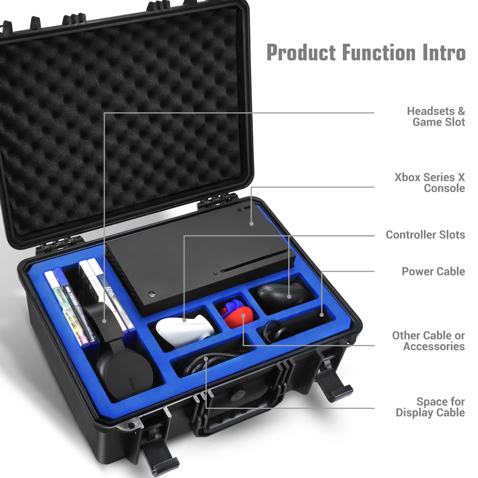 Hard Shell Travel Carrying Case for Xbox Series X - Waterproof Shockproof Case with Customized Foam Inlay for Xbox Series X Console, Headset, Games, Controllers, Cables and Other Accessories, Blue