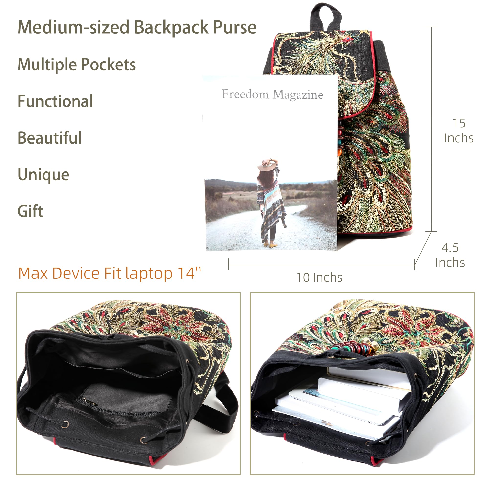 Goodhan Vintage Flowers Embroideried Women Backpack Daypack Travel Shoulder Bag