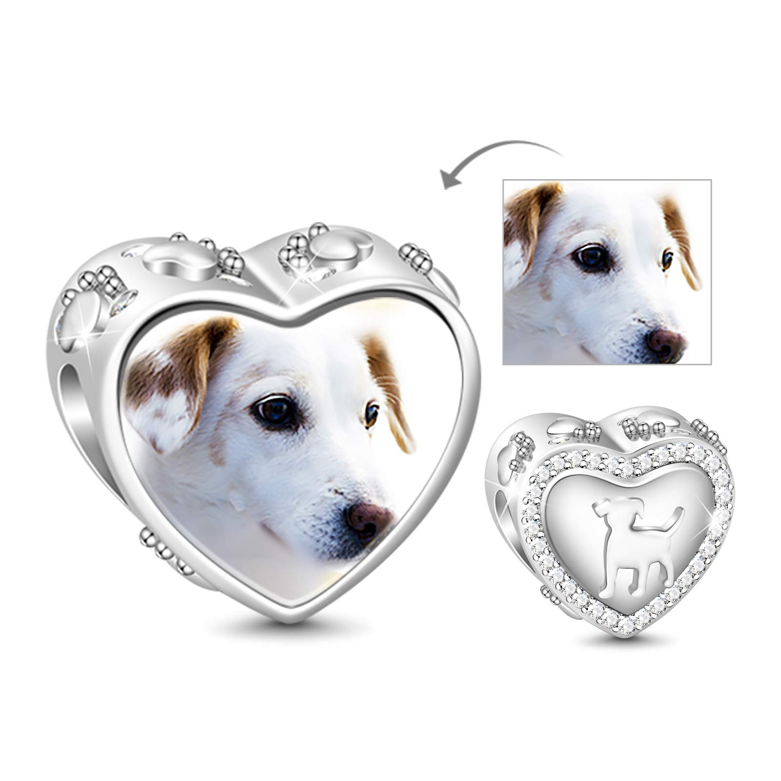GNOCE Custom Photo Charms Bead For Dog Personalized Photo Animals Charm 925 Sterling Silver Pendant for Bracelets (Pet)