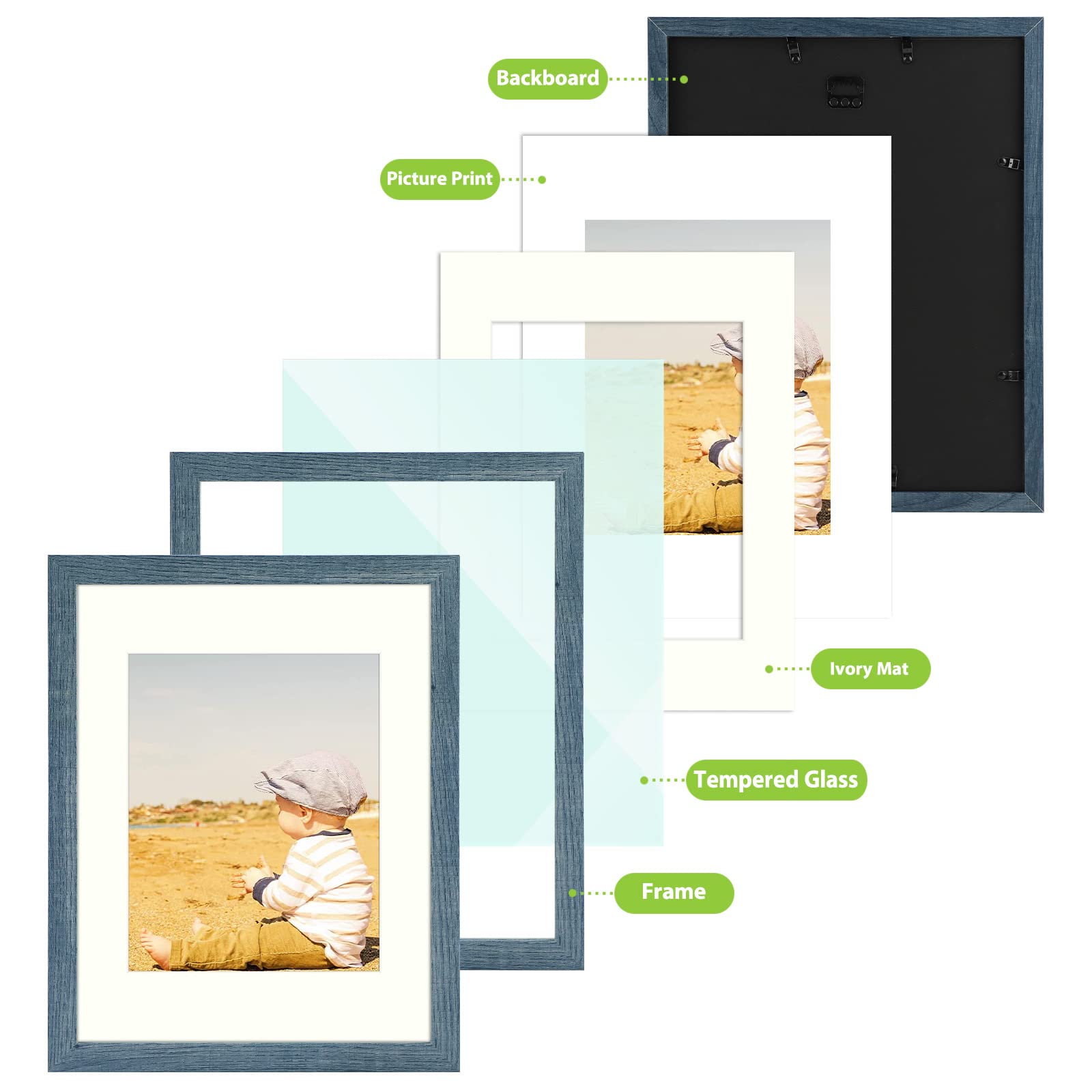 Golden State Art, 11x14 Picture Frames with Mat for 8x10 or 11x14 Photo, Composite Wood Glass Frame for Wall (Blue, 2 Pack)