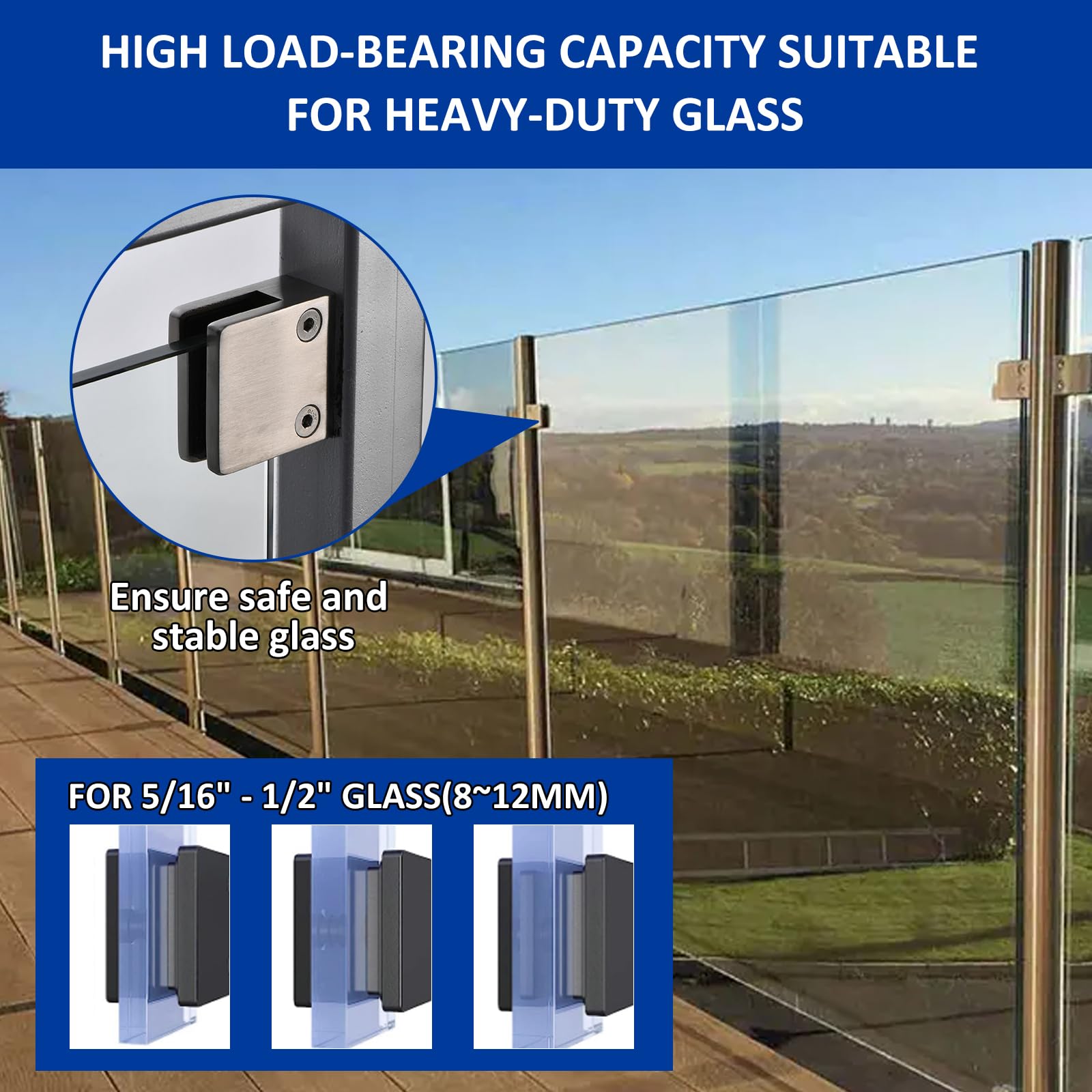 Glass Clamp-4PCS Adjustable Glass Shelf Bracket, 1/3 "-1/2 " 304 Stainless Steel Glass Clamps, Glass Clamp Bracket Is Suitable for Railing, Stairs, Glass Wall, All Kinds of Glass (Silver-4pcs)