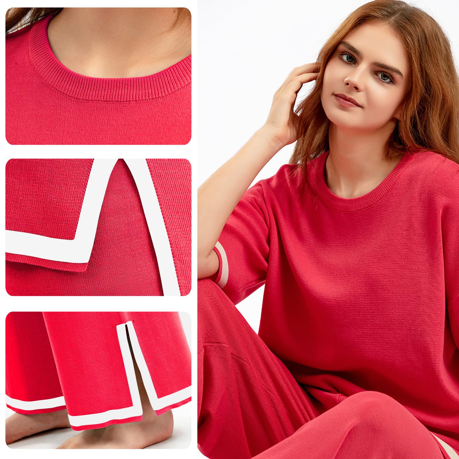 FuQiBasics Womens Knit 2 Piece Sweater Sets Short Sleeve Pullover Tops Elastic Waist Wide Leg Pants Lounge Set (Rose Medium)