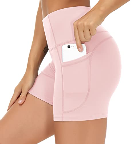 THE GYM PEOPLE High Waist Yoga Shorts for Women's Tummy Control Fitness Athletic Workout Running Shorts with Deep Pockets (Medium, Pink)
