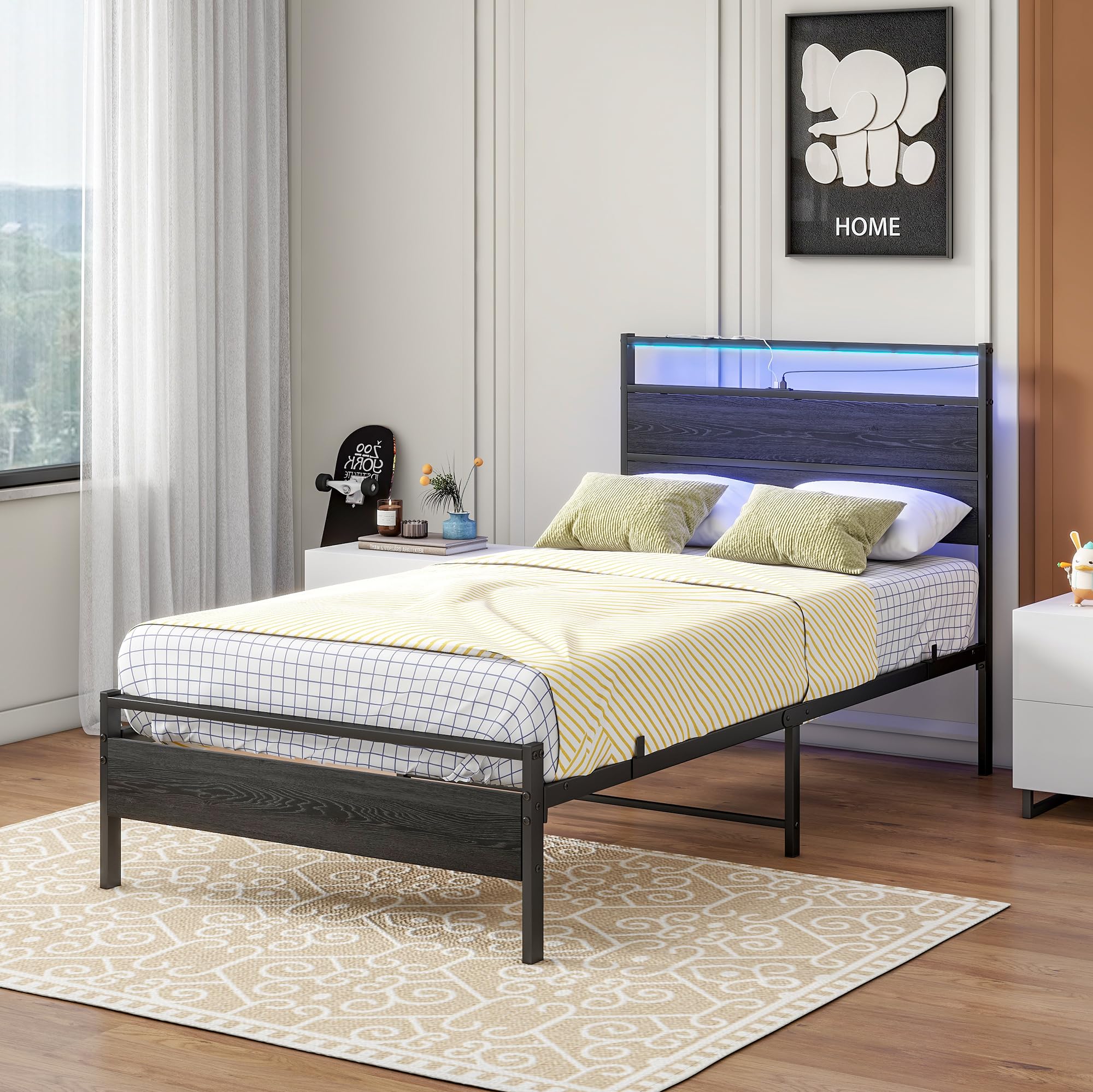 Twin Bed Frame with Headboard/LED Lights,Metal Bed Frame Twin Size with Charging Station,Twin Platform Bed Frame Twin Size No Box Spring Needed,Beds Base,Heavy Duty Metal Slats Support,No Noise,Black