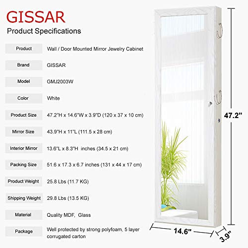 GISSAR Jewelry Mirror Armoire Wall Mount Over The Door Cabinet Storage Organizer Lockable Full Length Door Mirror(White)