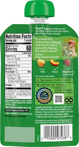 Gerber Organic Peach Strawberry Baby Food, 3.5 Oz Pouch