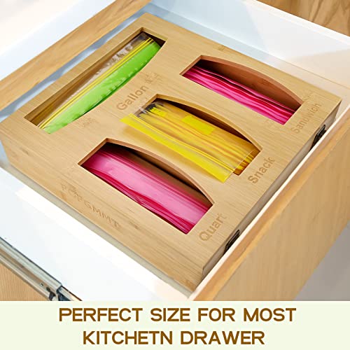 Ziplock Bag Storage Organizer, Bamboo Baggie Organizer for Drawer, Kitchen Food Storage Bag Holder Dispenser, Plastic Sandwich Bag Container Wall Mount Wrap Dispenser for Gallon, Quart, Snack, Candy