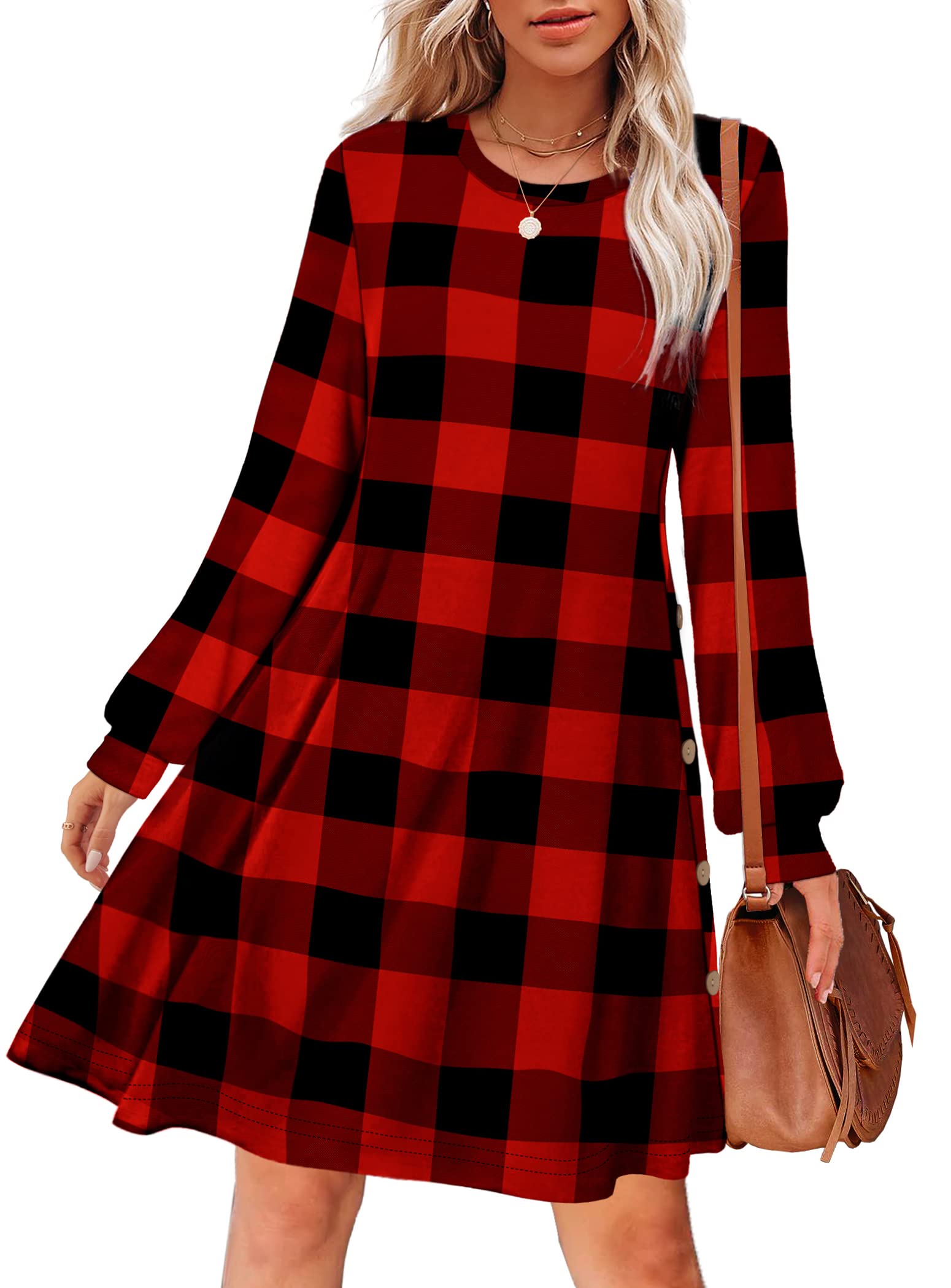 Glanzition Plaid Dress for Women Christmas Knee Length Tunic Dresses Red L