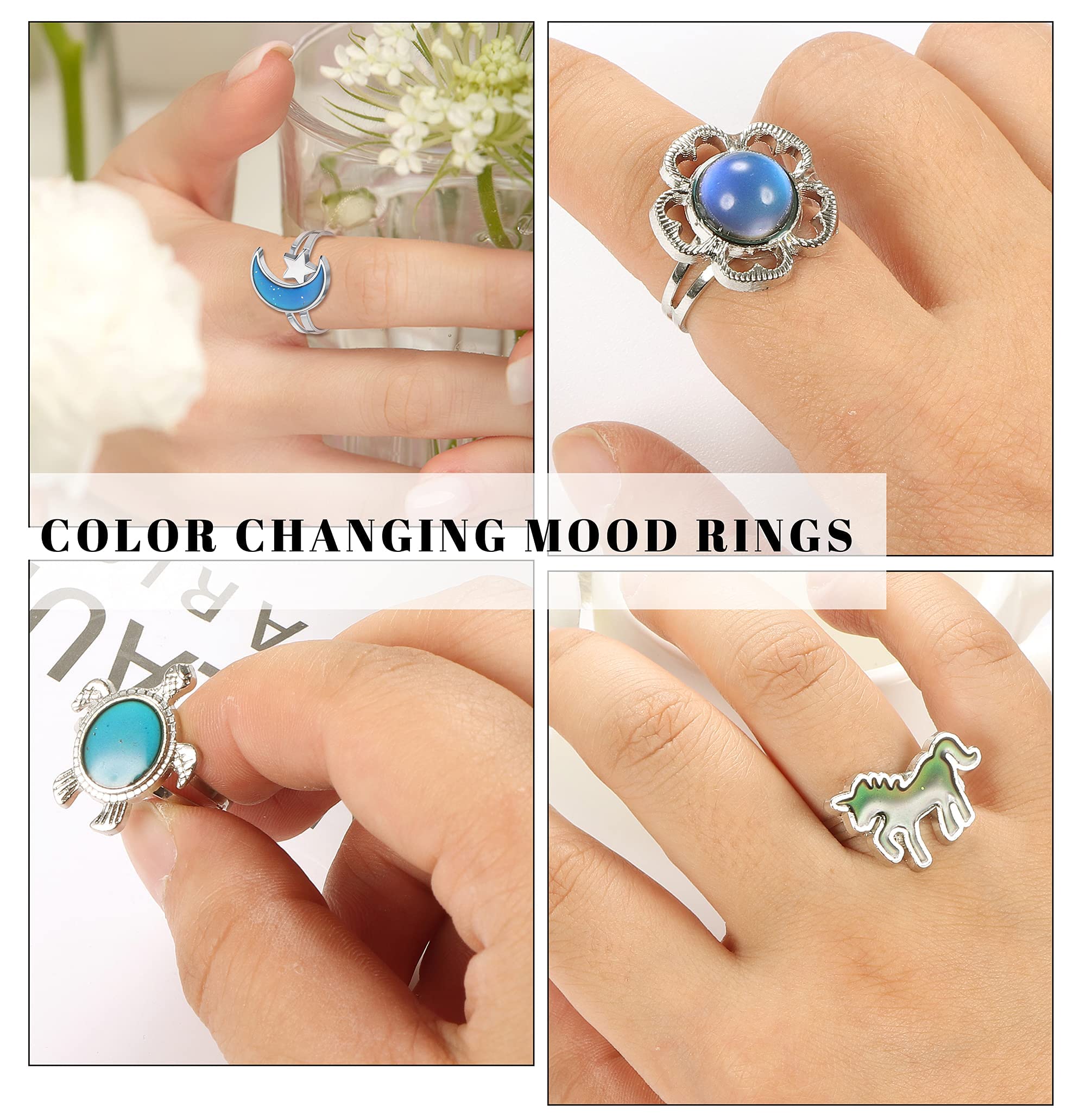 Jstyle 12Pcs Adjustable Mood Rings for Women Mixed Color Changing Mood Rings Temperature Finger Ring for Halloween