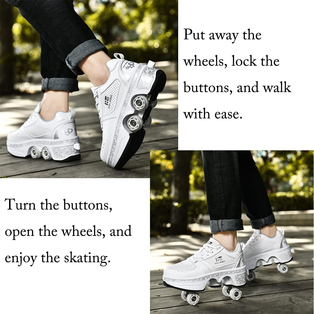 KOFUBOKE 2-in-1 Roller Skates & Sneakers Unisex Retractable Wheels Outdoor Fun & Fitness Kick Roller Shoes (White Without Light, 8)