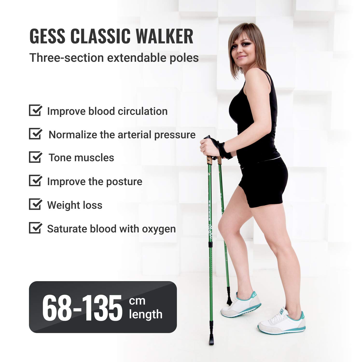 GESS Classic Walker Trekking Poles 2pc/Set, Adjustable Lightweight Nordic Walking Sticks, Aluminum Telescopic Hiking Accessories, Trail Camping Hike