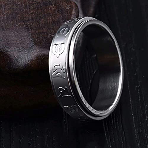 JAJAFOOK 316L Stainless Steel Tibetan Buddhist Mantra Scriptures Om Mani Padme Hum Lucky Spinner Ring，Silver 9