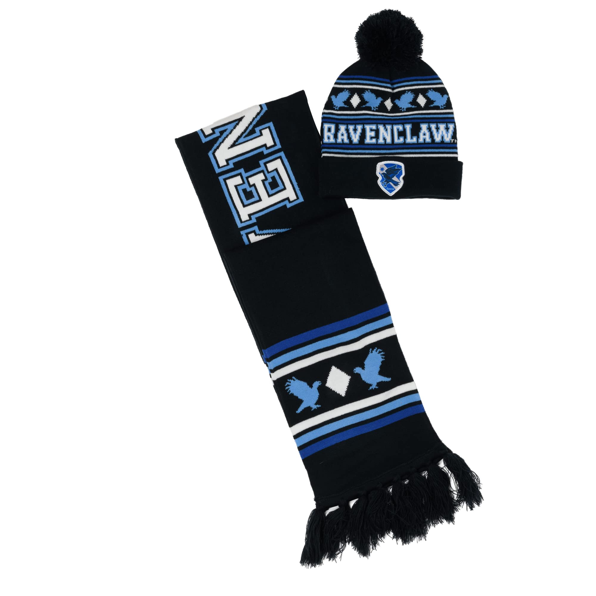 Harry Potter Wizarding World Gryffindor, Slytherin, Ravenclaw, Hufflepuff House Knit Scarf & Cuff Beanie Set, One Size (RAVENCLAW)