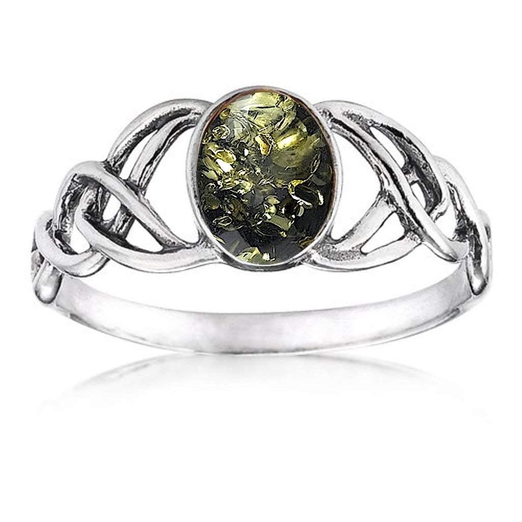 Ian and Valeri Co. Green Amber Sterling Silver Oval Celtic Ring