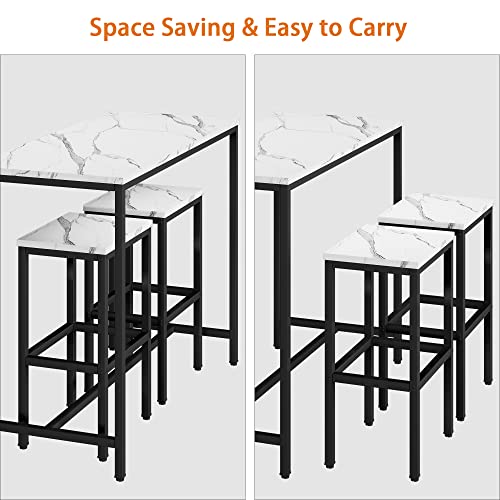 Yongchuang 3 Piece Bar Table Set, Bar Table and Chairs Set of 2, Modern Counter Height Table with 2 Stools for Kitchen, Dining Room, Living Room Breakfast Table White Faux Marble Wood Top