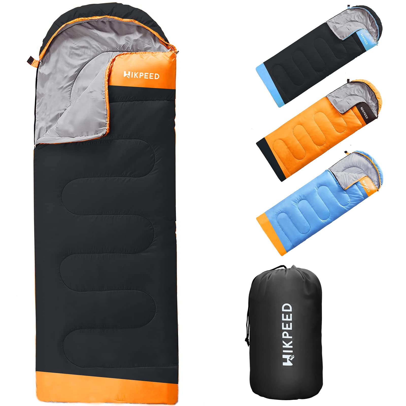 HIKPEED Backpacking Sleeping Bag, Sleeping Bag for Kids Adults Teens - Lightweight Compact Hiking Camping Sleeping Bag, Suitable for 3 Seasons Warm & Cool Weather (Black+Orange)