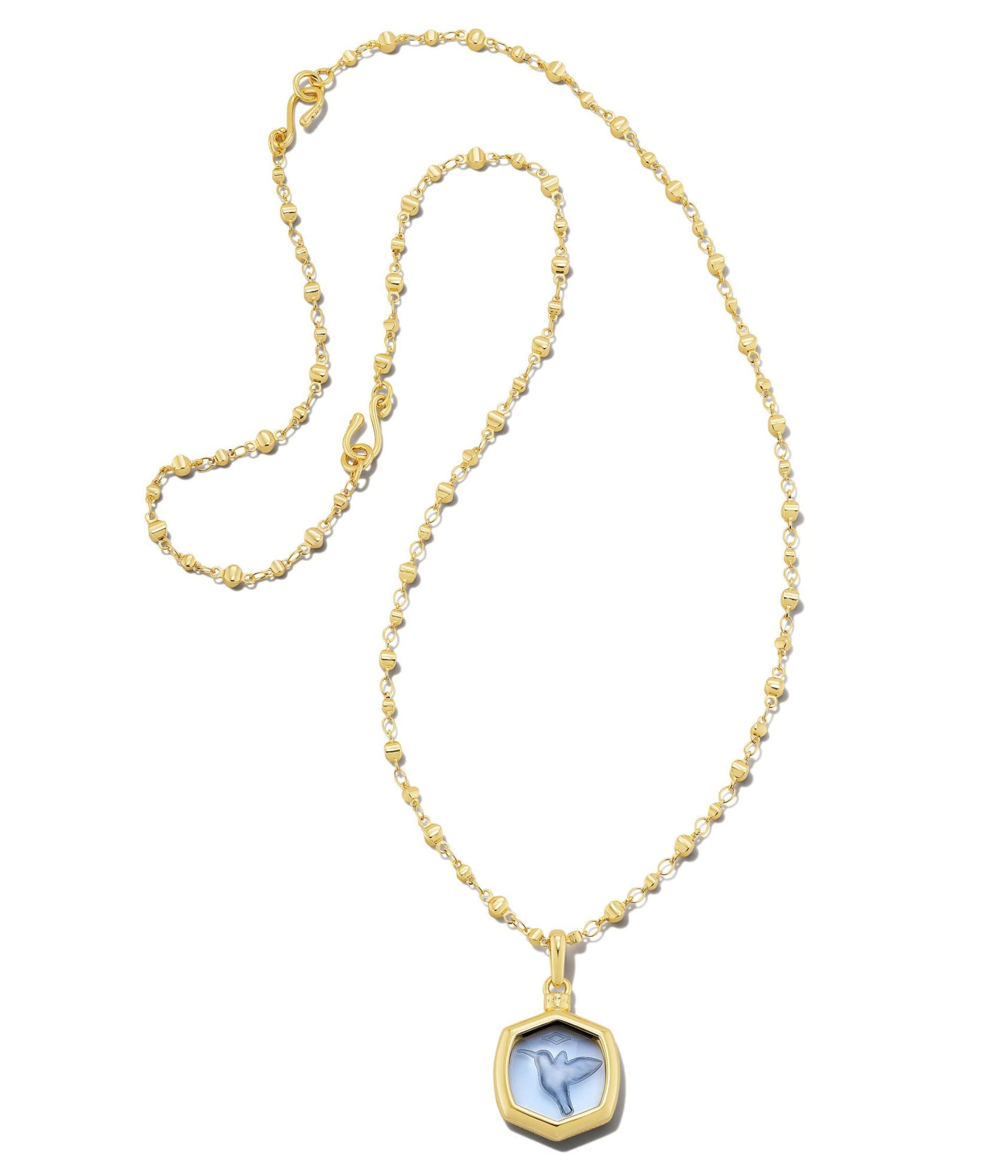 Kendra Scott Davie Intaglio Pendant Necklace Gold Light Sky Blue Glass Hummingbird One Size