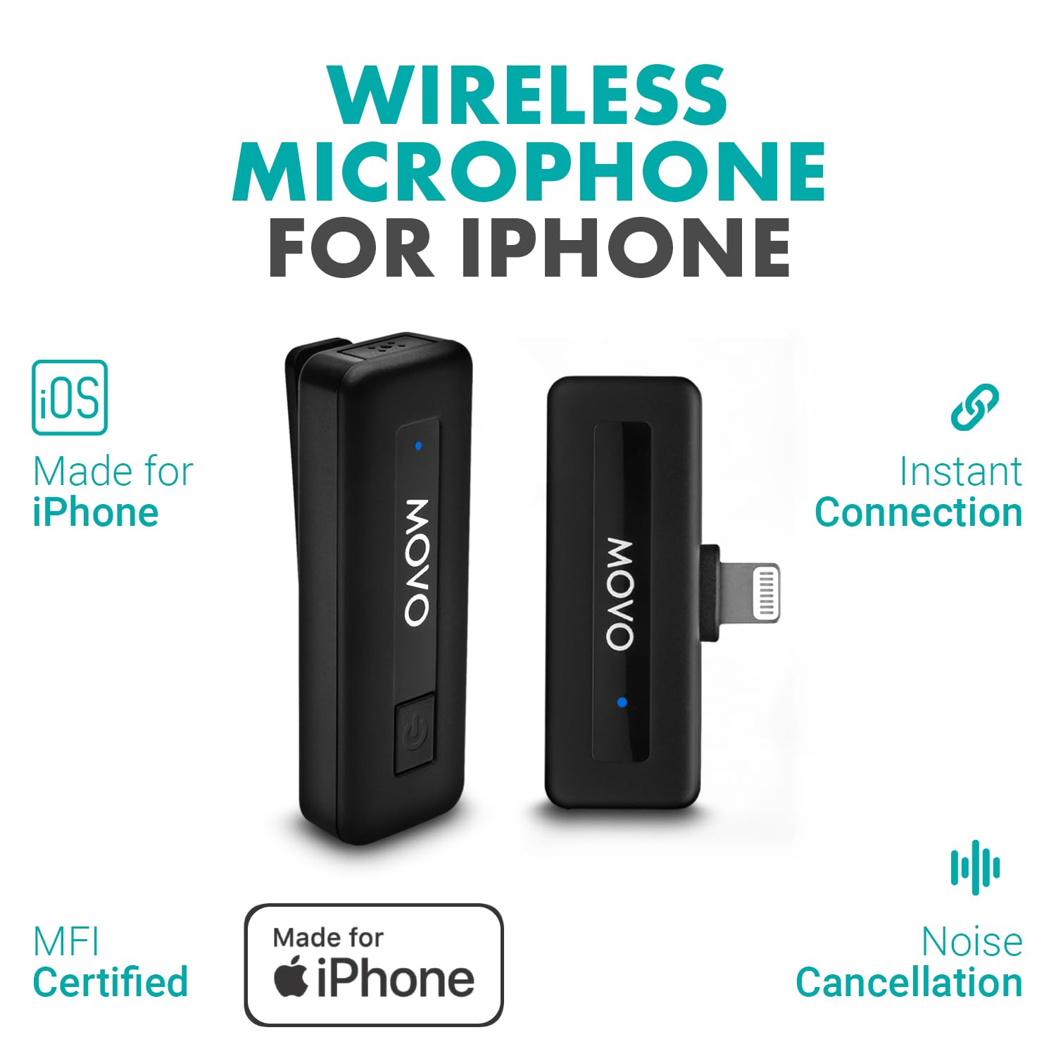 Movo Wireless Mini DI Wireless Mini iPhone Microphone for Video Recording - iPhone Lavalier Mic for Vlogging, Content Creation, Podcasting, YouTube, Tiktok - Wireless iPhone Microphone