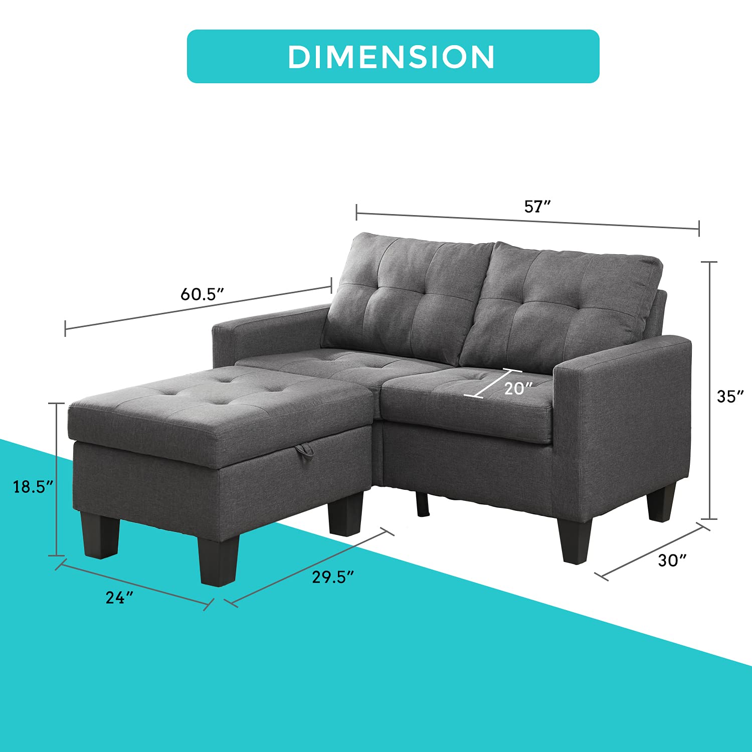 GOOD & GRACIOUS Sectional Sofa Set 57" L-Shaped Couch Chaise Polyester Fabric Loveseat Furniture with Reversible Storage Ottoman for Apartment Office Living Room Bedroom Small Space (Dark Grey)
