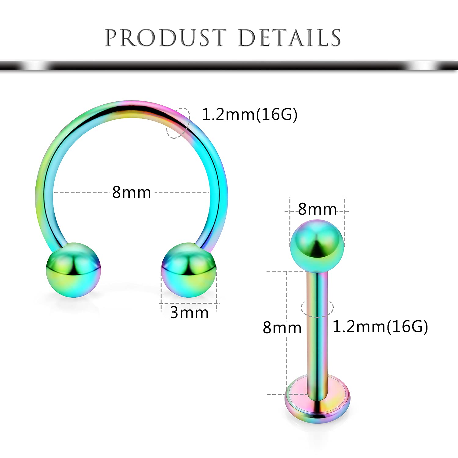 Hoeudjo 16G Surgical Steel Lip Rings Clear Diamond CZ Labret Studs Tragus Horseshoe Ring Helix Hoop Earring Body Jewelry Piercing Retainer for Women Men Rainbow